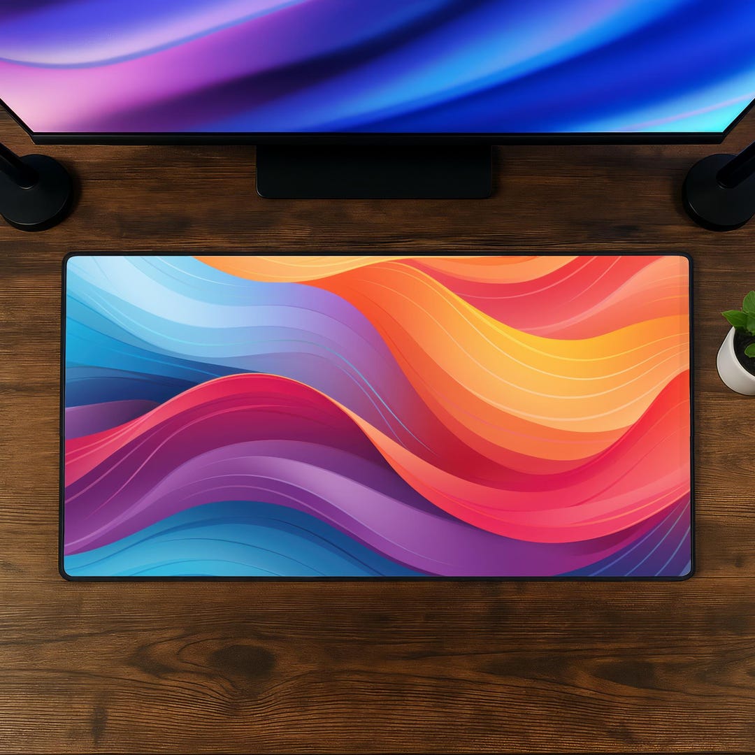 COLORFUL WAVES Desk Mat - Computer Mouse Pad - Office Decor - Extended ...