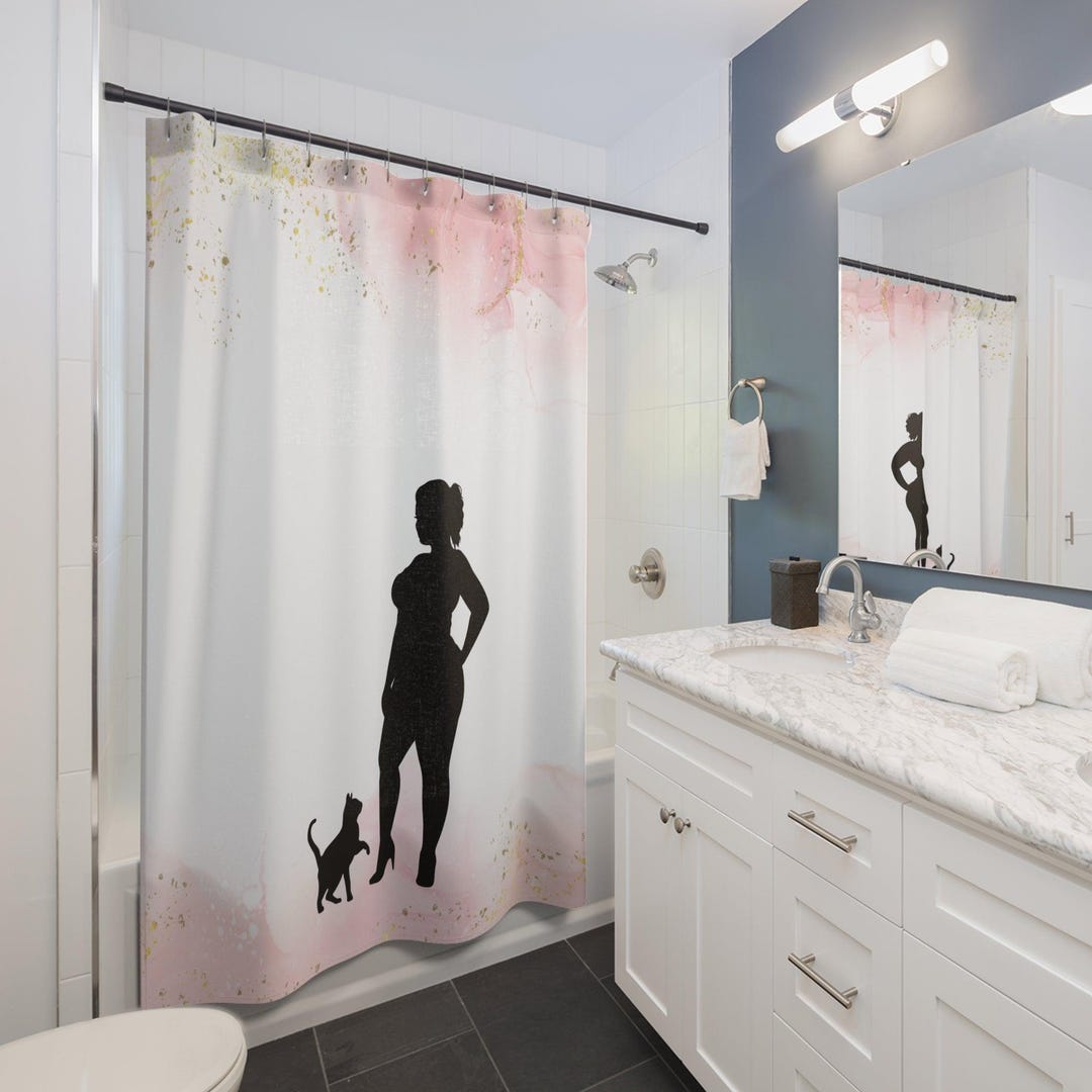 Pink & White Cat Lady Shower Curtains - Etsy