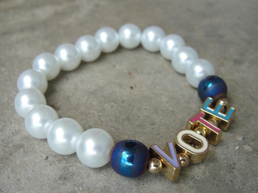 Vote Personalized Bracelet, Enamel Letter Beads, White Glass Pearls ...