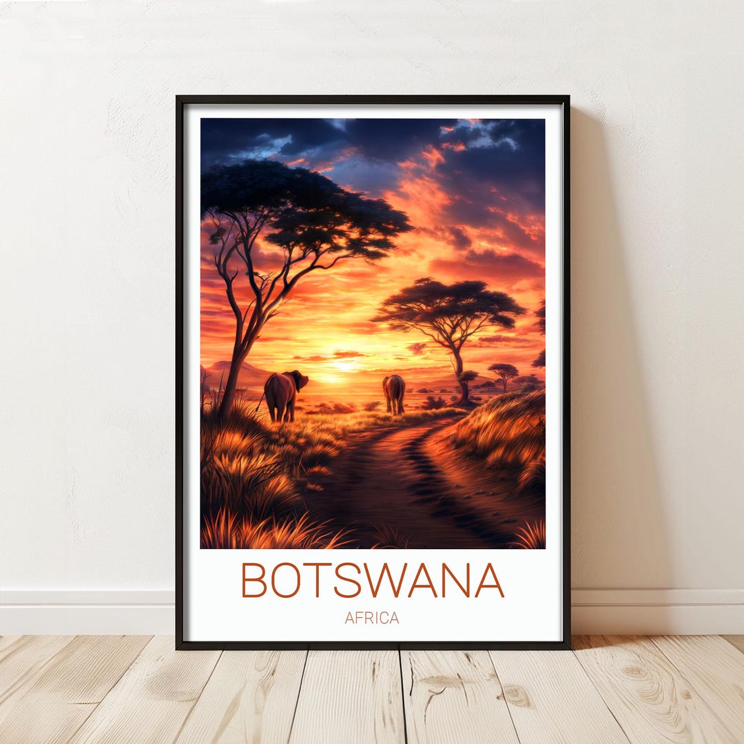 Botswana Sunset Travel Poster Print - African Savanna With Elephants ...