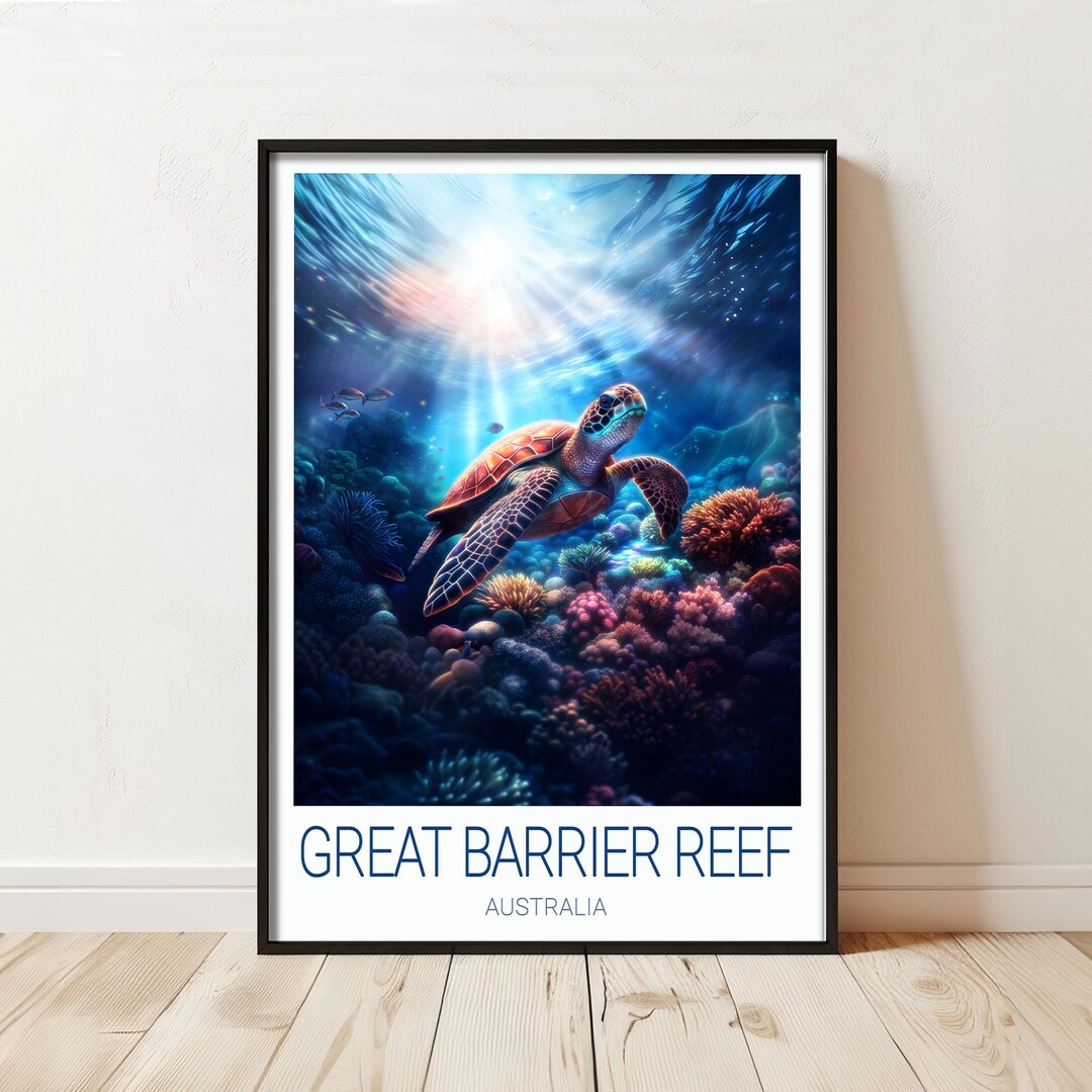 Great Barrier Reef Travel Poster Print - Vibrant Sea Turtle and Coral ...