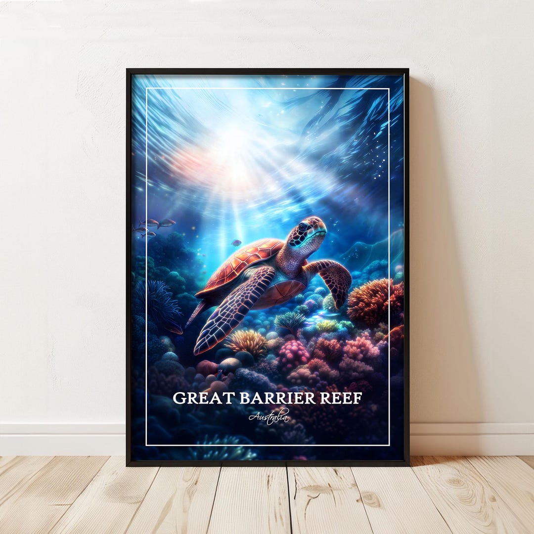 Great Barrier Reef Travel Poster Print - Sea Turtle and Coral Scene for ...