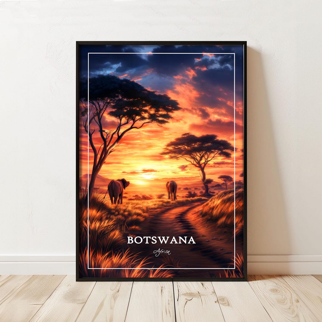 Botswana Sunset Travel Poster Print - African Elephants and Acacia ...
