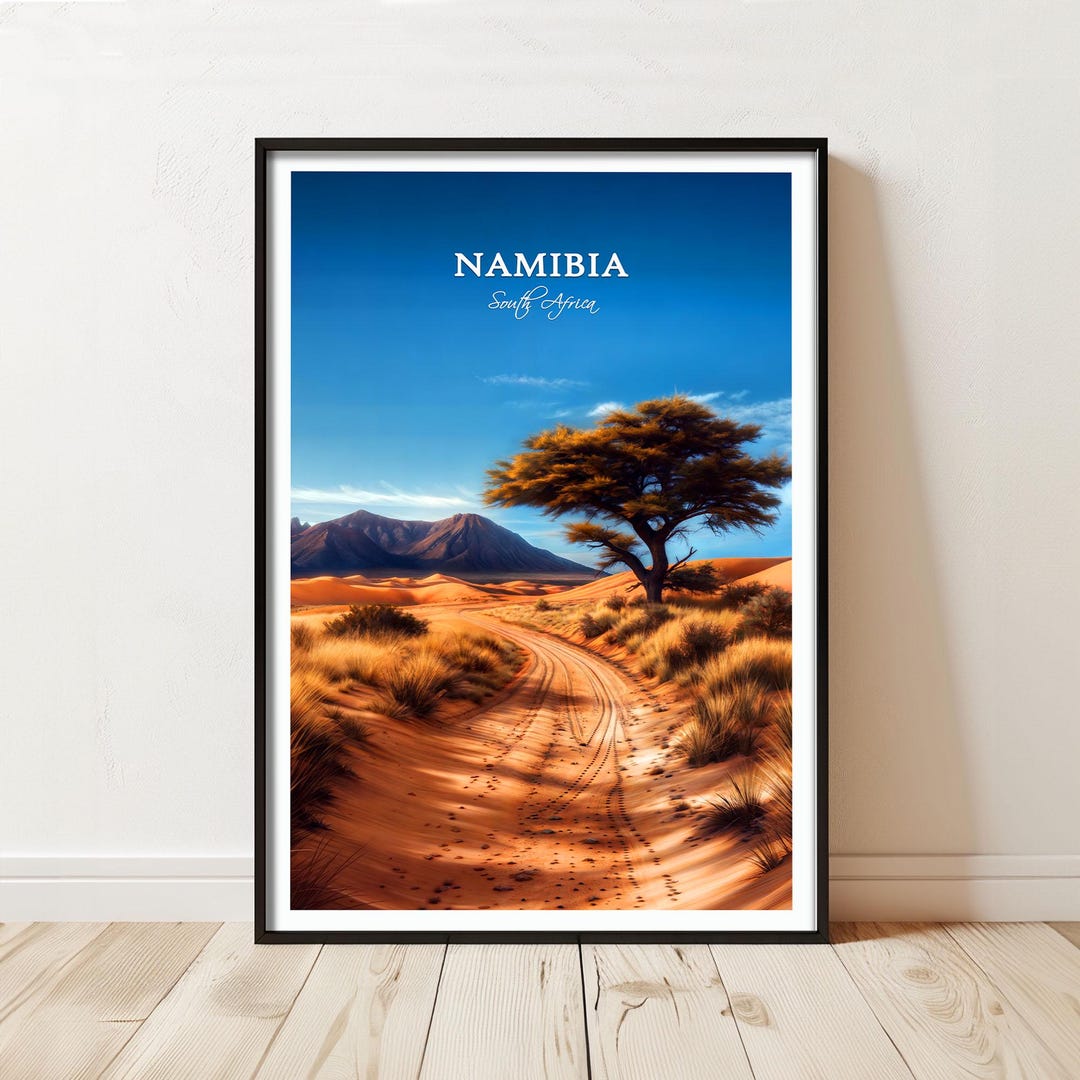 Namibia Travel Poster - Namibia Desert Trail Print, Acacia Tree and Red ...