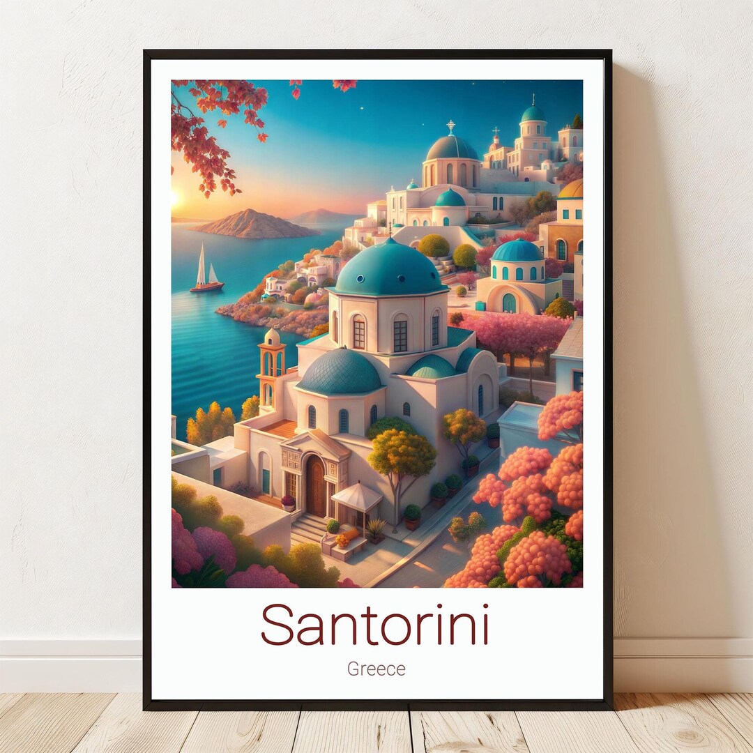 Santorini Travel Poster Print - Blue Domes and Aegean Sea View - Greece ...