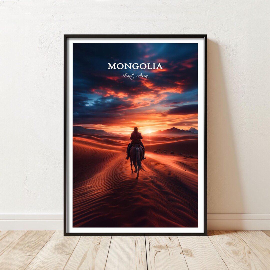 Mongolia Sunset Travel Poster Print - Horse Rider in Desert Landscape ...