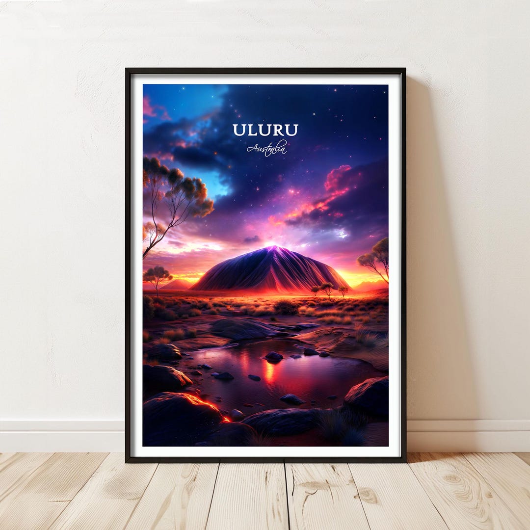 Uluru Travel Poster Print - Starry Night and Vibrant Sunset in the ...