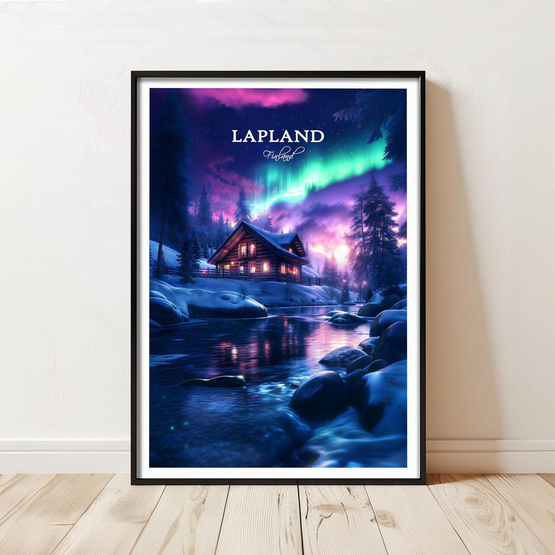 Lapland Finland Travel Poster - Lapland Finland Northern Lights Cabin ...