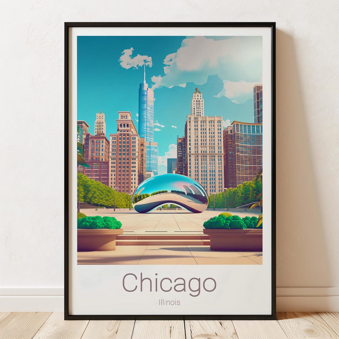 Chicago Skyline Travel Poster Iconic Cloud Gate Art Print Modern ...