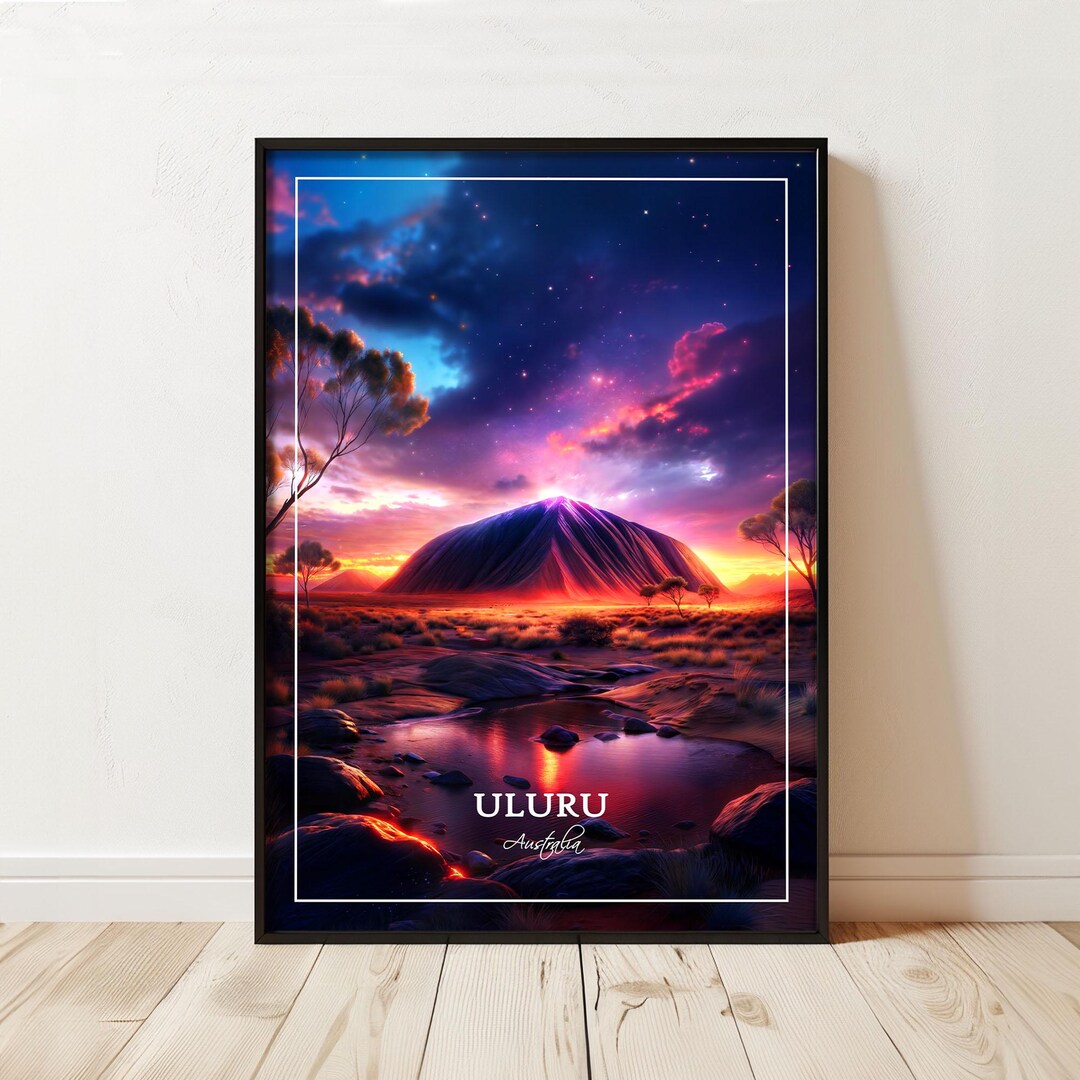 Uluru Travel Poster Print - Fiery Sunset and Starry Australian Outback ...