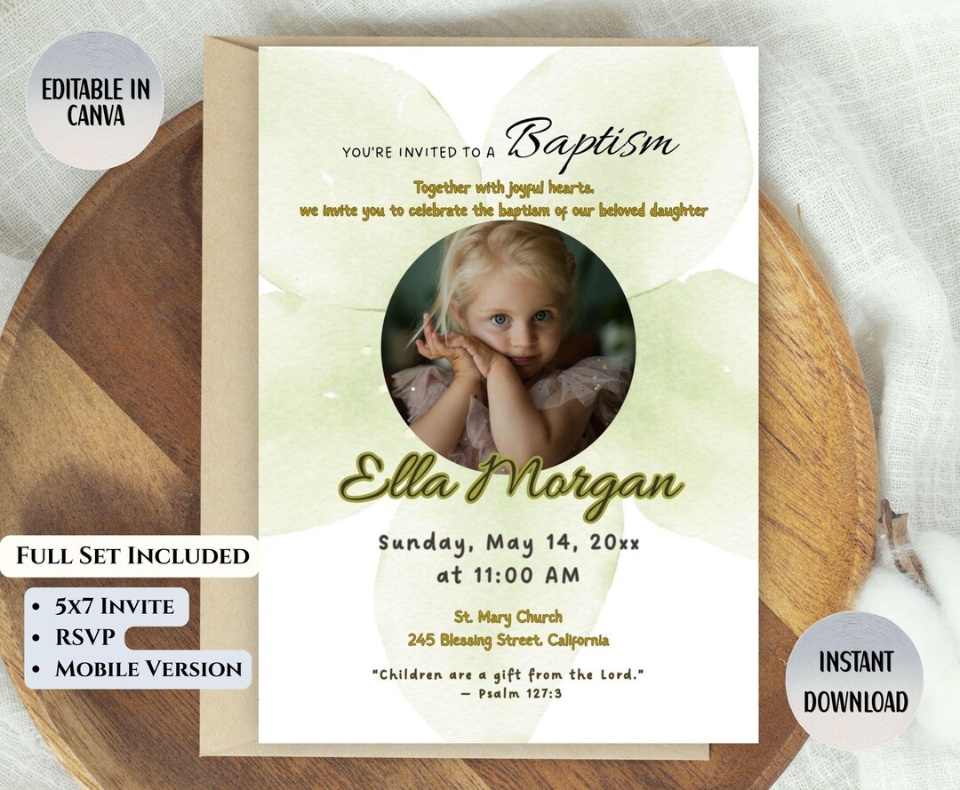 Baby Girl Baptism Invitation With Photo, Floral Christening Template ...