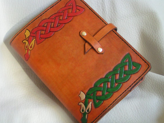 Celtic snakes hand tooled leather journal cover | Etsy