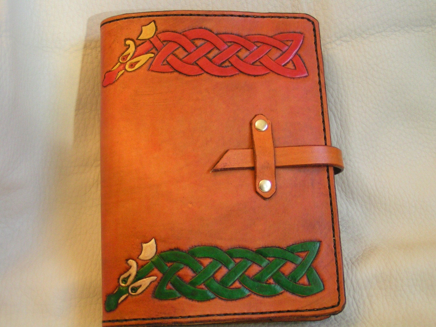 Celtic snakes hand tooled leather journal cover | Etsy