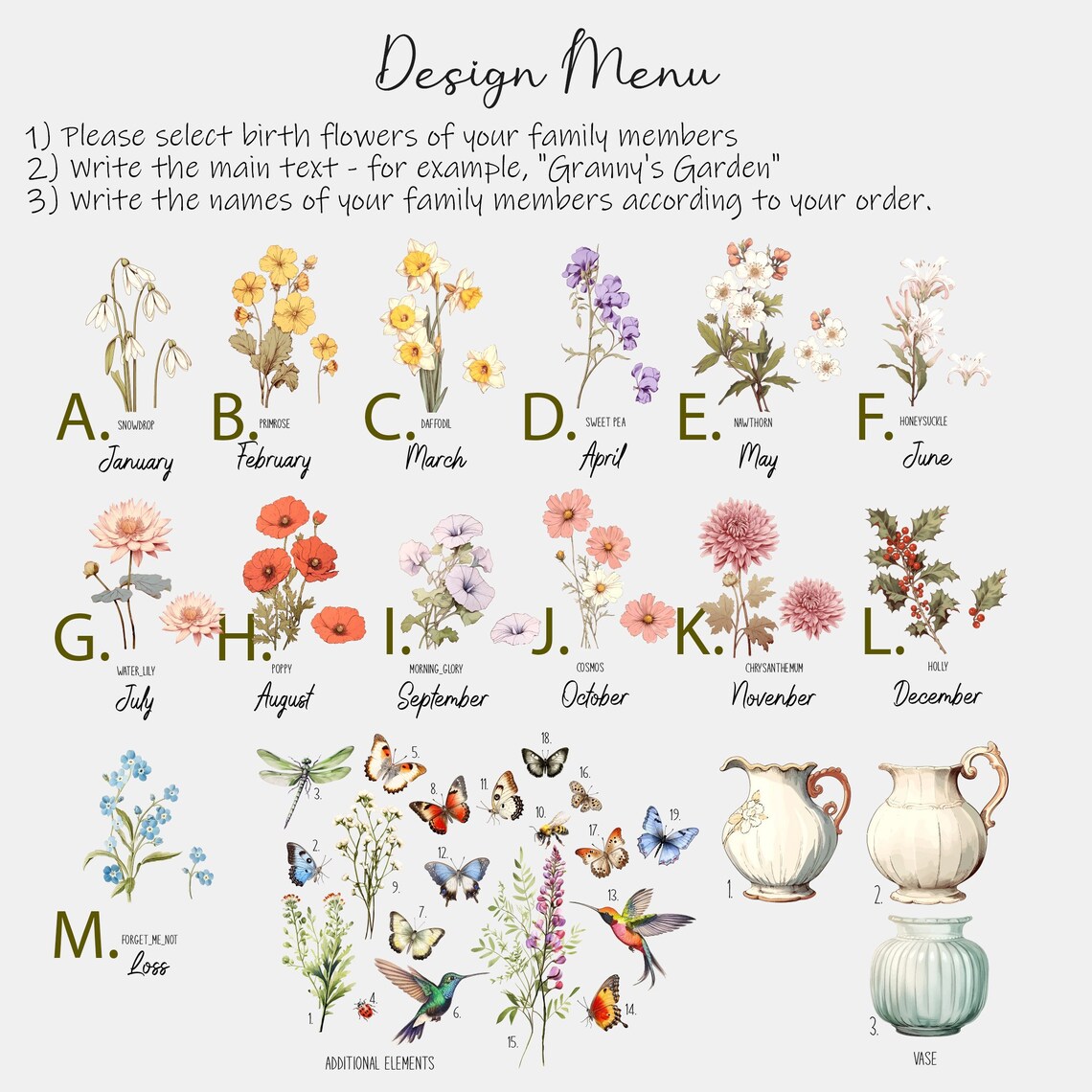 Birth Flower Family Bouquet, Birth Month Flower Art Custom, Hand Drawn ...