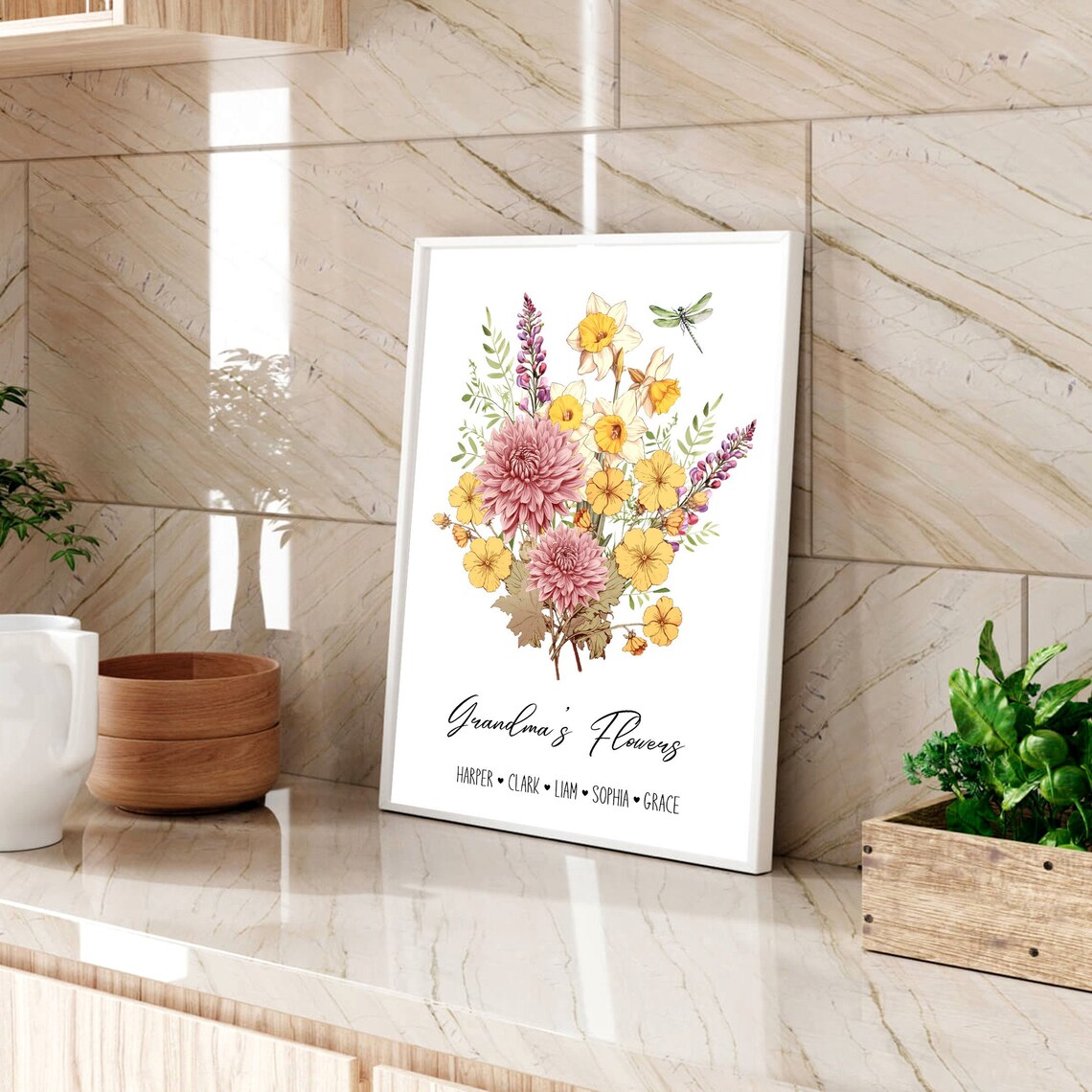 Birth Flower Family Bouquet, Birth Month Flower Art Custom, Hand Drawn ...