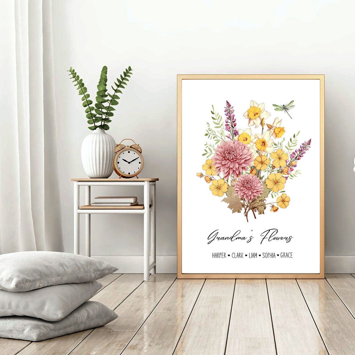 Birth Flower Family Bouquet, Birth Month Flower Art Custom, Hand Drawn ...
