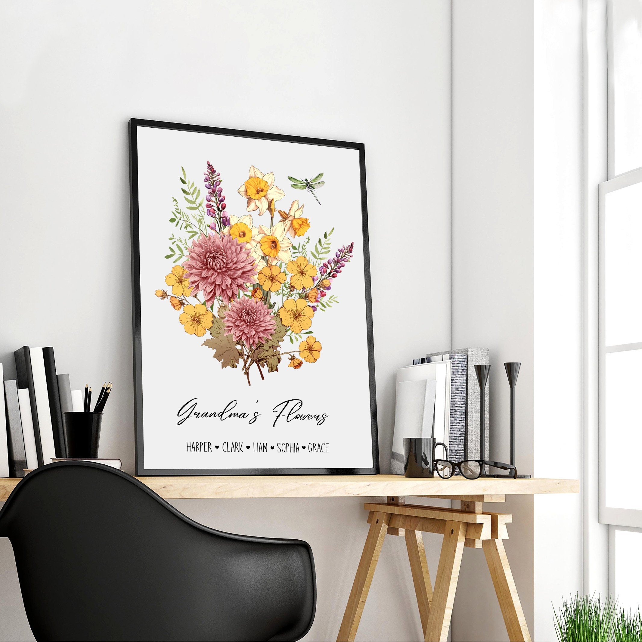 Birth Flower Family Bouquet, Birth Month Flower Art Custom, Hand Drawn ...