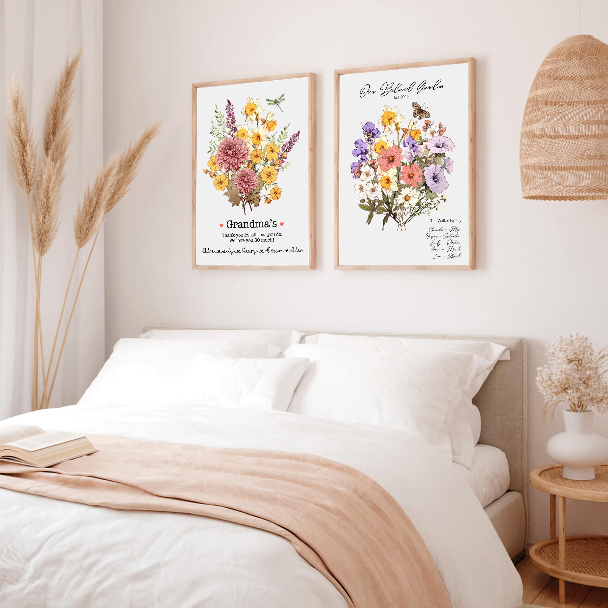 Birth Flower Family Bouquet, Birth Month Flower Art Custom, Hand Drawn ...