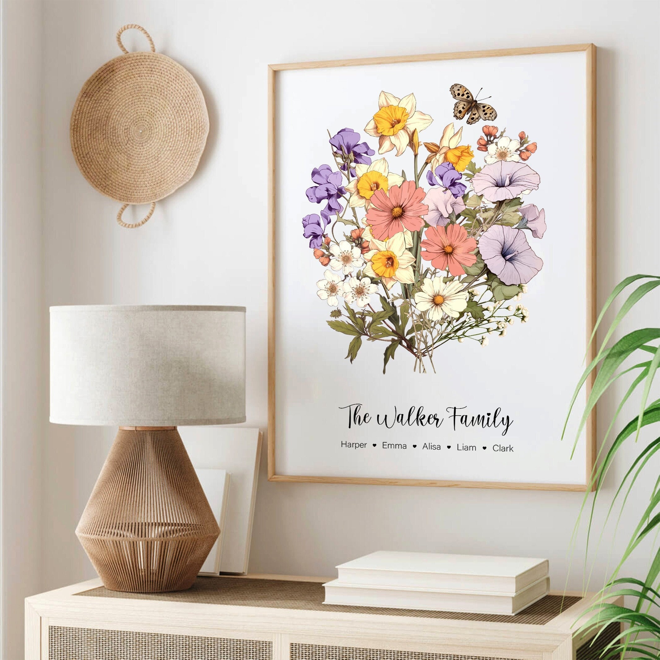 Birth Flower Family Bouquet, Birth Month Flower Art Custom, Hand Drawn ...