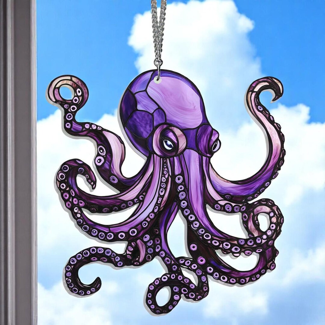 Purple Octopus Suncatcher – Stained Glass Window Hanging – Sea Creature ...