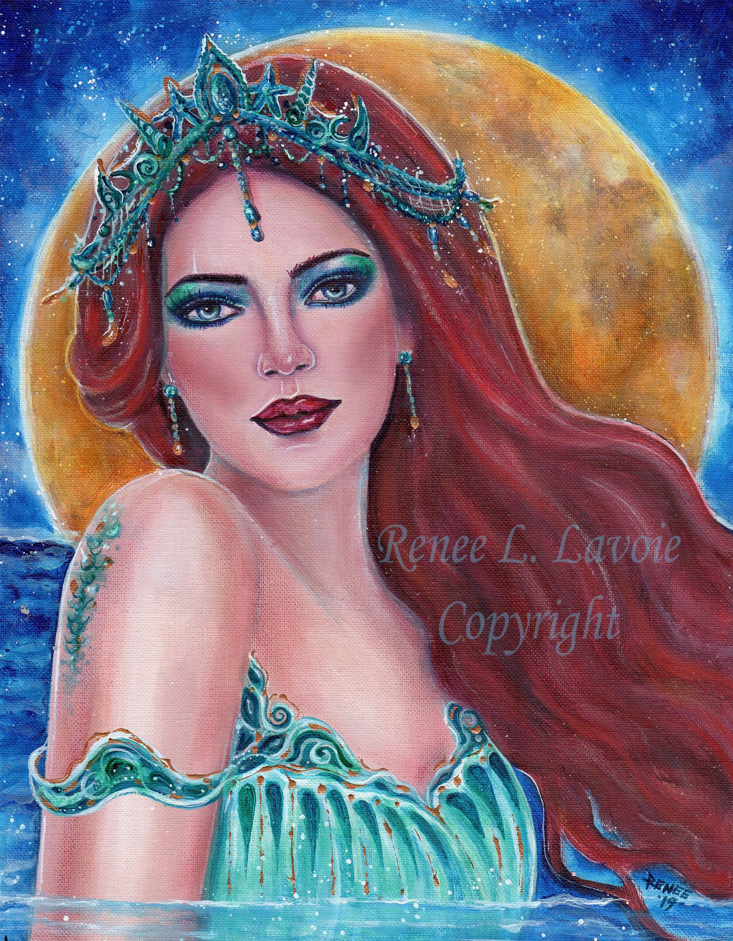 Mermaid goddess of the sea Galene MRMD print full moon | Etsy