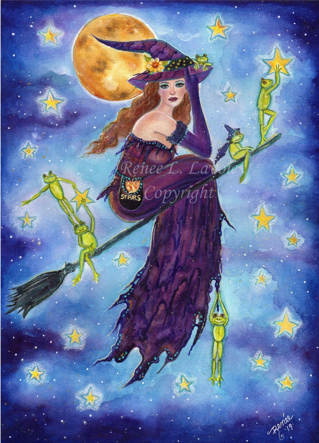 Original Halloween Witch Painting: Frogs, Broomstick Fantasy Art (10x14 ...