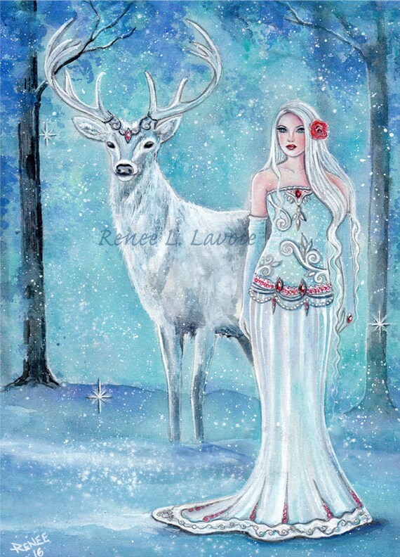 Nordic winter goddess with white buck print fantasy art by | Etsy