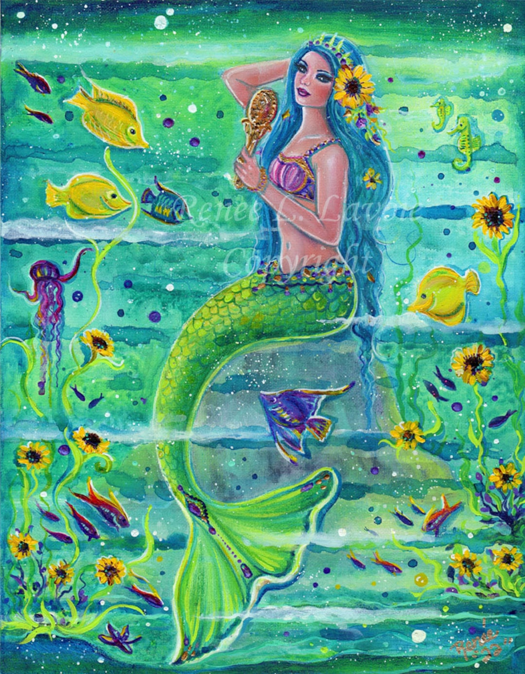 Mermaid Sunny Sea Colorful Art Sunflowers Tropical Fish MRMD Fantasy ...