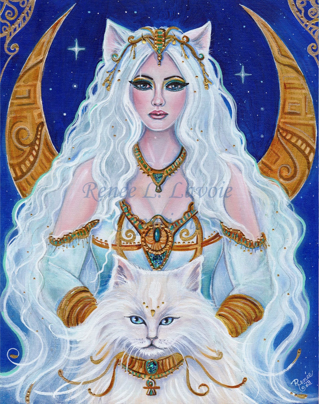 Goddess Egyptian Bastet With Dreamy White Cat Fantasy Art by - Etsy