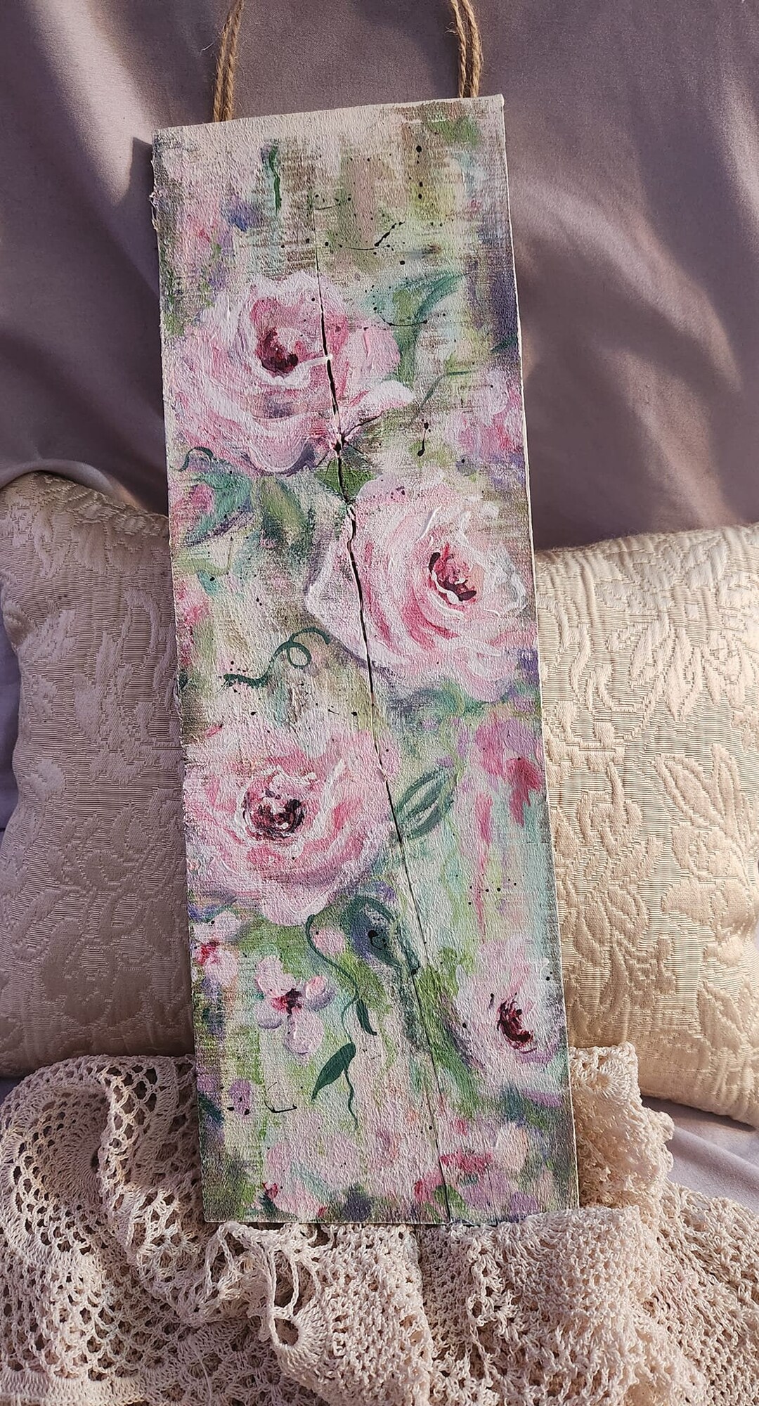 ORIGINAL Pink Roses Shabby Chic Acrylic Painting on Rustic Rough Wood ...