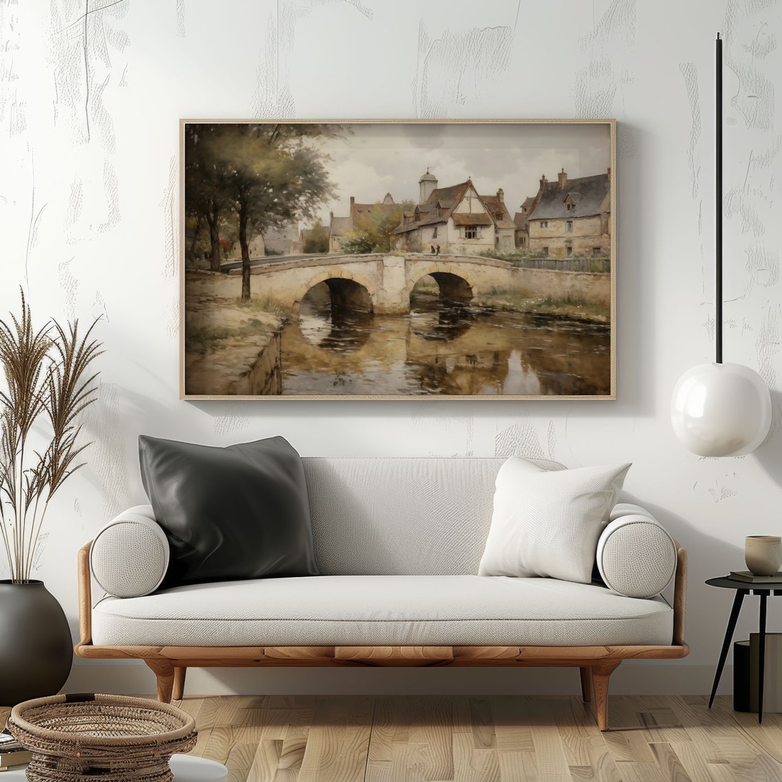 Village Bridge Digital Print, Tranquil Waterfront Cottage Scene, Rustic ...
