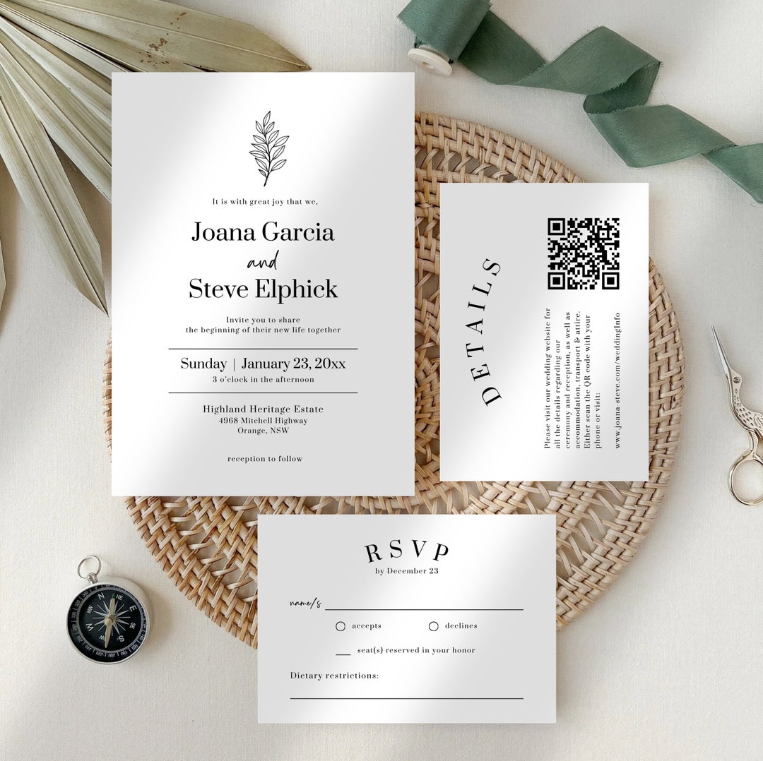 Minimal Leaves Wedding Invitation, Modern Simple Invitation Layout, QR ...