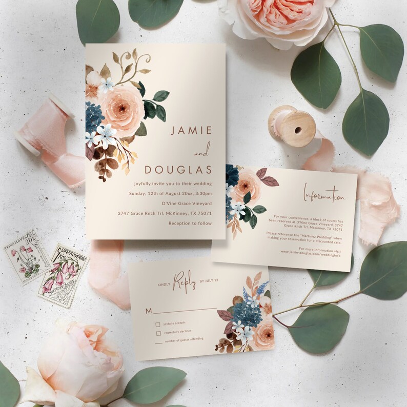 Timeless Elegant Floral Wedding Invitation, Beige Wedding Invitation, Watercolor Flowers Wedding ...