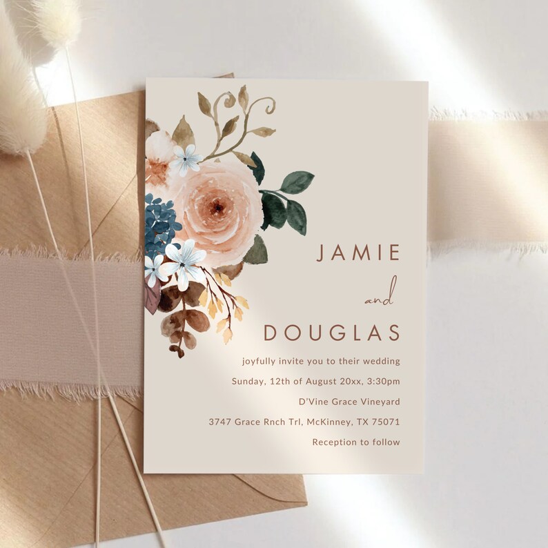 Timeless Elegant Floral Wedding Invitation, Beige Wedding Invitation, Watercolor Flowers Wedding ...