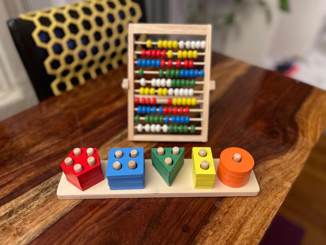 Montessori Set of Wood Math Abacus and Stacking Puzzle Shapes Toy and ...