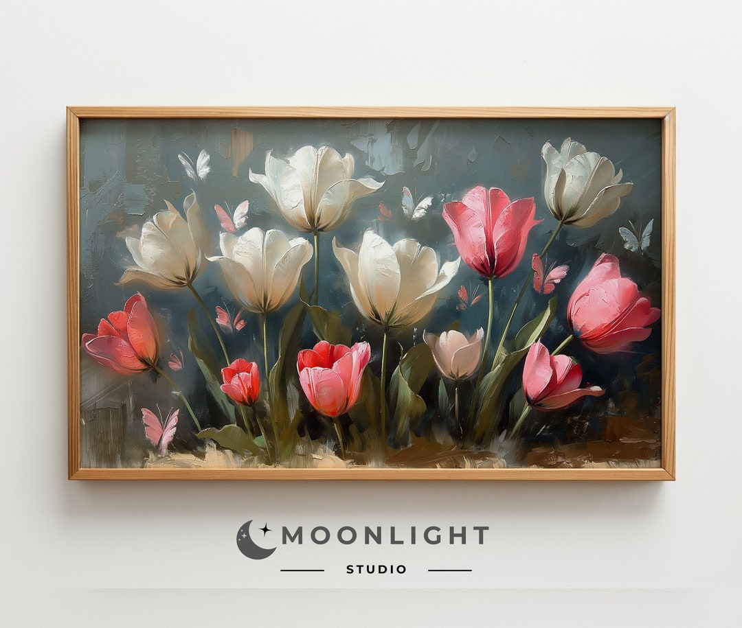 Spring White and Pink Tulips Frame TV Art, Spring Floral TV Art ...