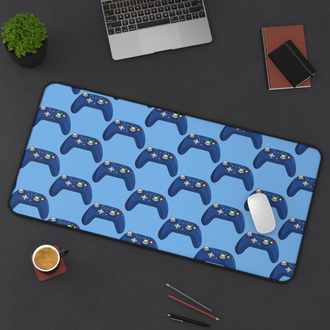 Blue Gamer Desk Mat - Video Game Controller Design, Gaming Mouse Pad ...