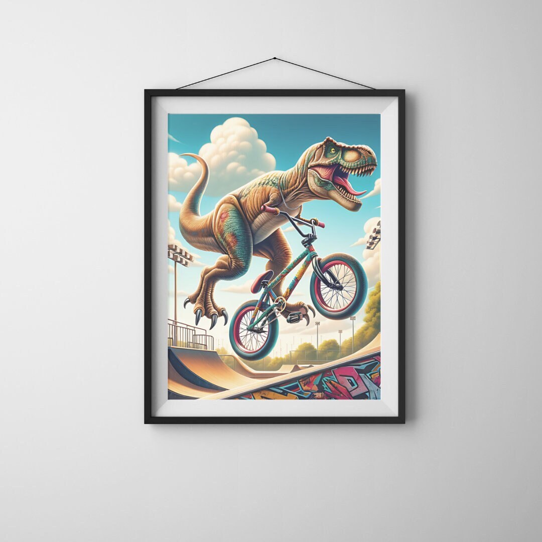 DIGITAL PRINT BMX T-rex - Kids Dinosaur Wall Art Kids Room Home Decor ...