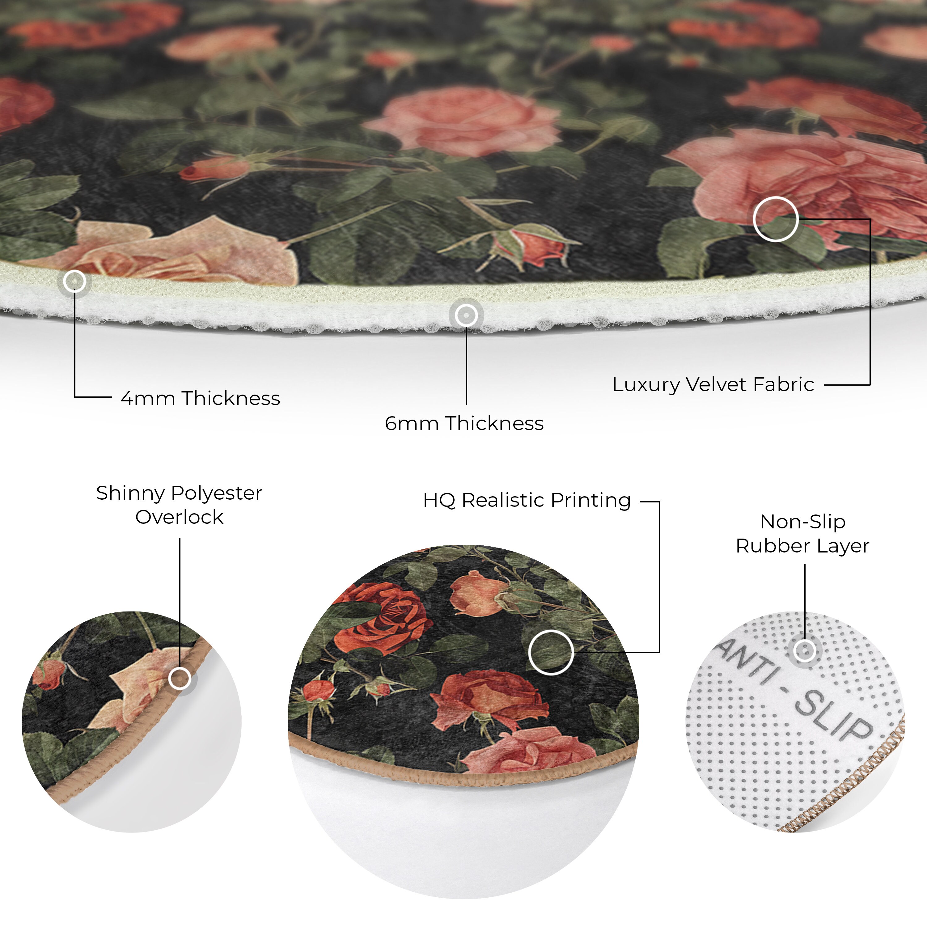 Rose Garden Round Rug, Anti-slip Circle Rug, Floral Round Rug for ...