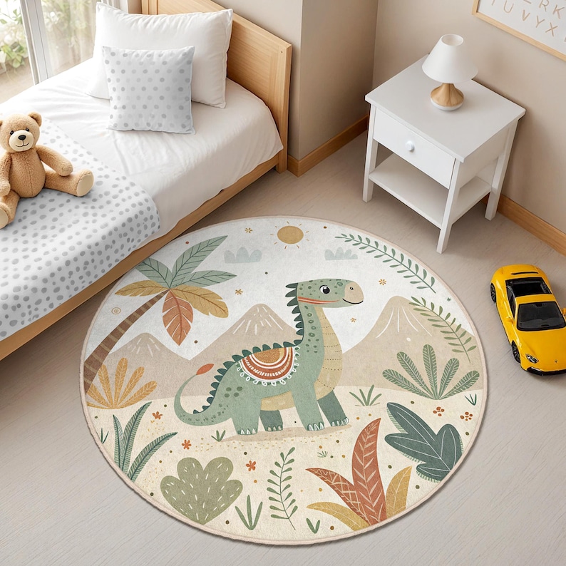 Green Dino Non-slip Nursery Mat - Dinosaur Kids Room Round Rug - Boho ...