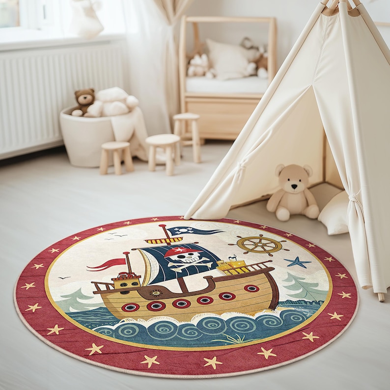Pirate Ship Adventure Kids Round Rug - Nautical Playroom Carpet - Red ...