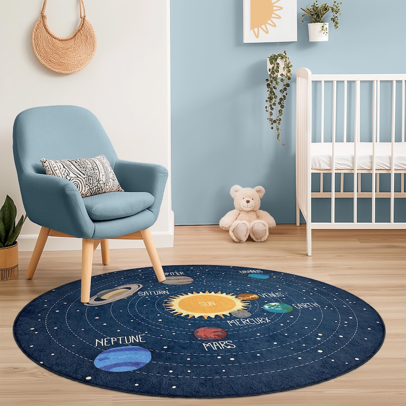 Solar System Kids Rug, Space Themed Round Carpet for Nursery & Playroom ...