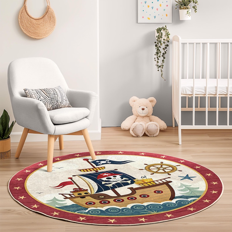 Pirate Ship Adventure Kids Round Rug - Nautical Playroom Carpet - Red ...