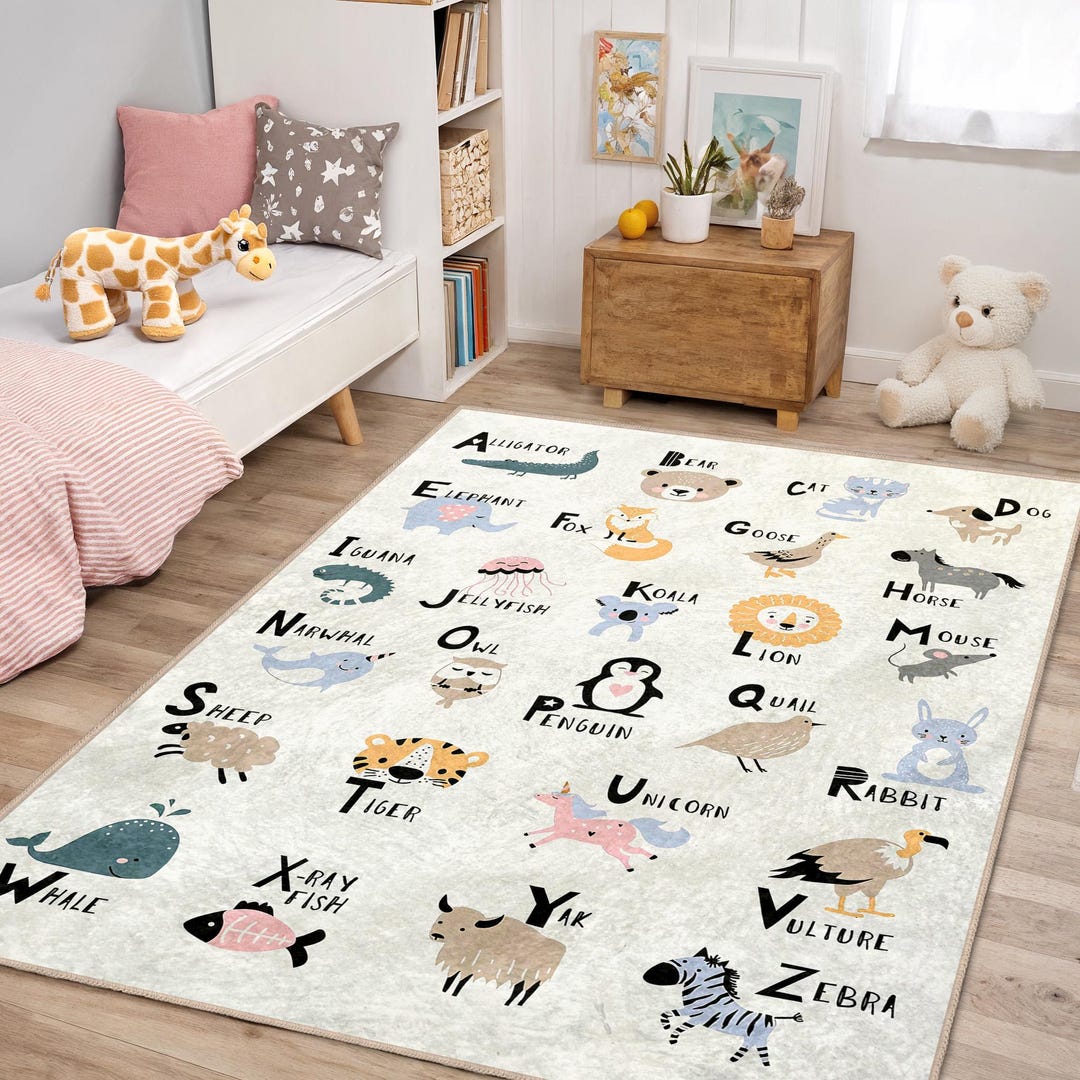 Colorful ABC Animal Rug for Kids - Alphabet Learning Playroom Decor ...