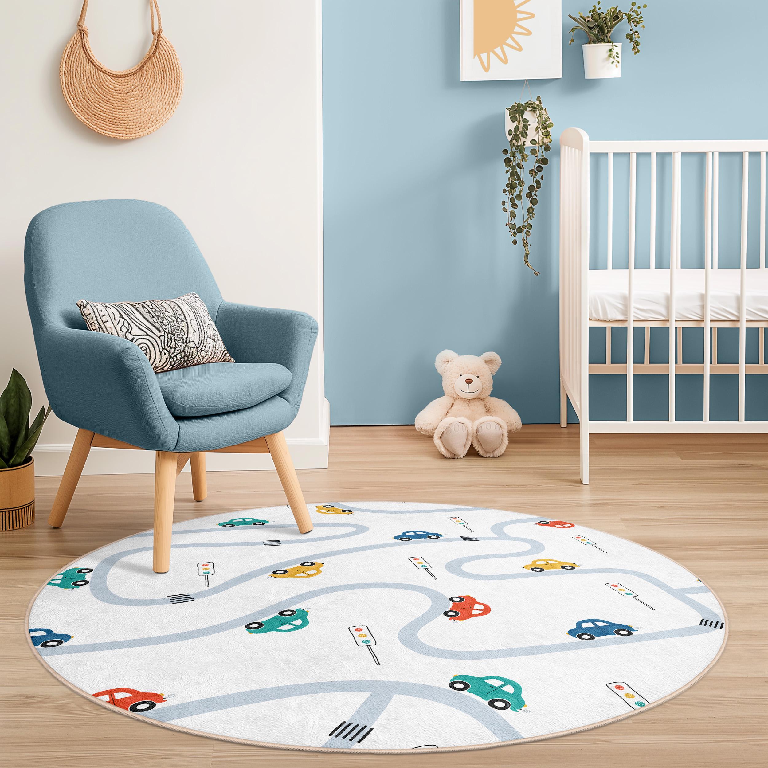 Cars and Traffic Map Nursery Rug, Kids Round Road Map Rug, Children's ...