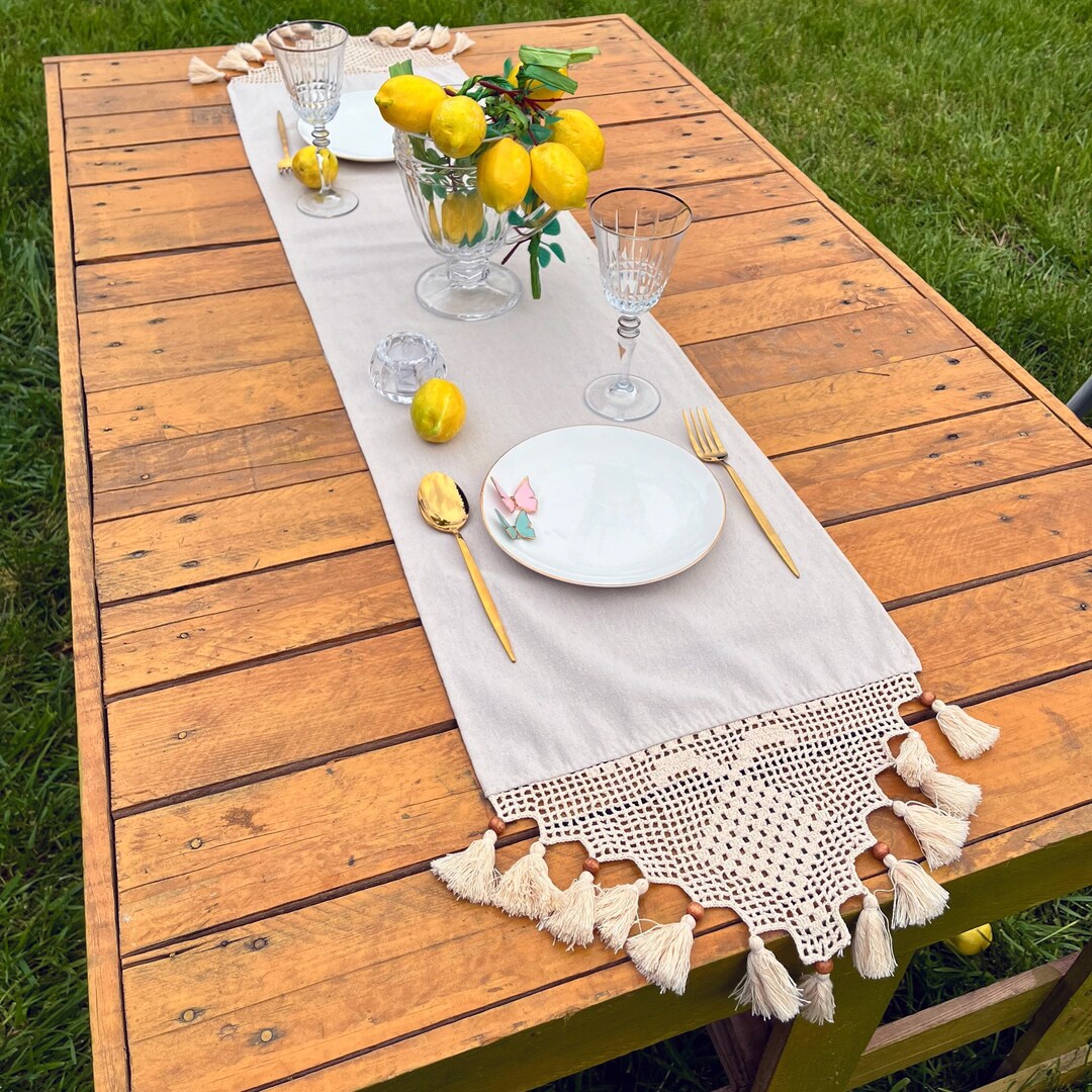 Linen Table Runner With Lace and Tassel Details, Dining Table ...