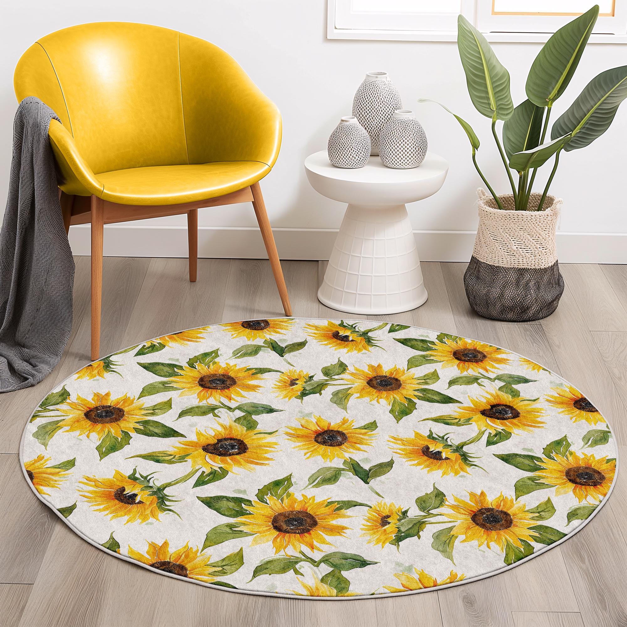 Sunflower Patterned Round Rug, Rugs for Kitchen, Anti-slip Circle ...