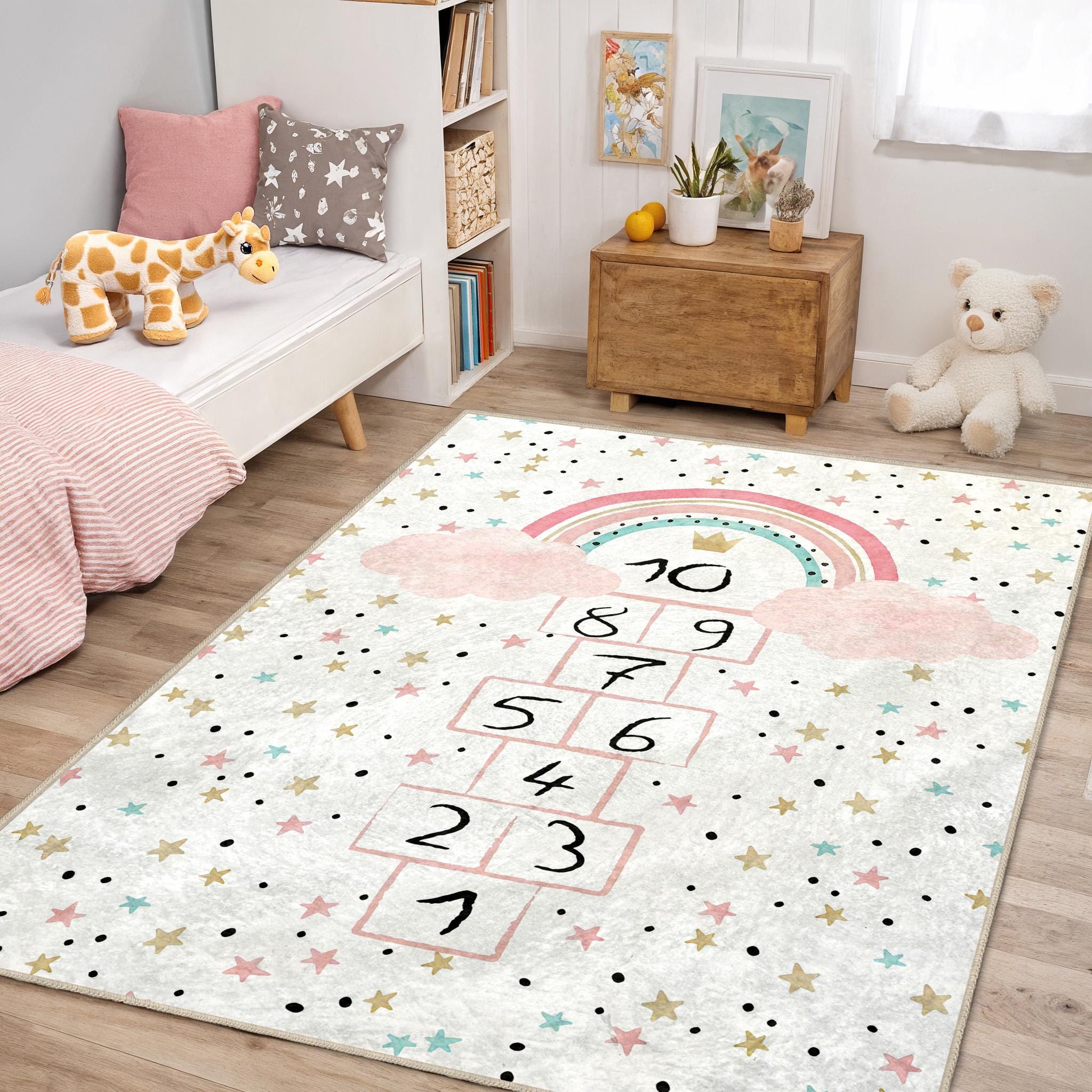 Rainbow Hopscotch Kids Rug - Playroom Fun Learning Mat - Pastel Star ...