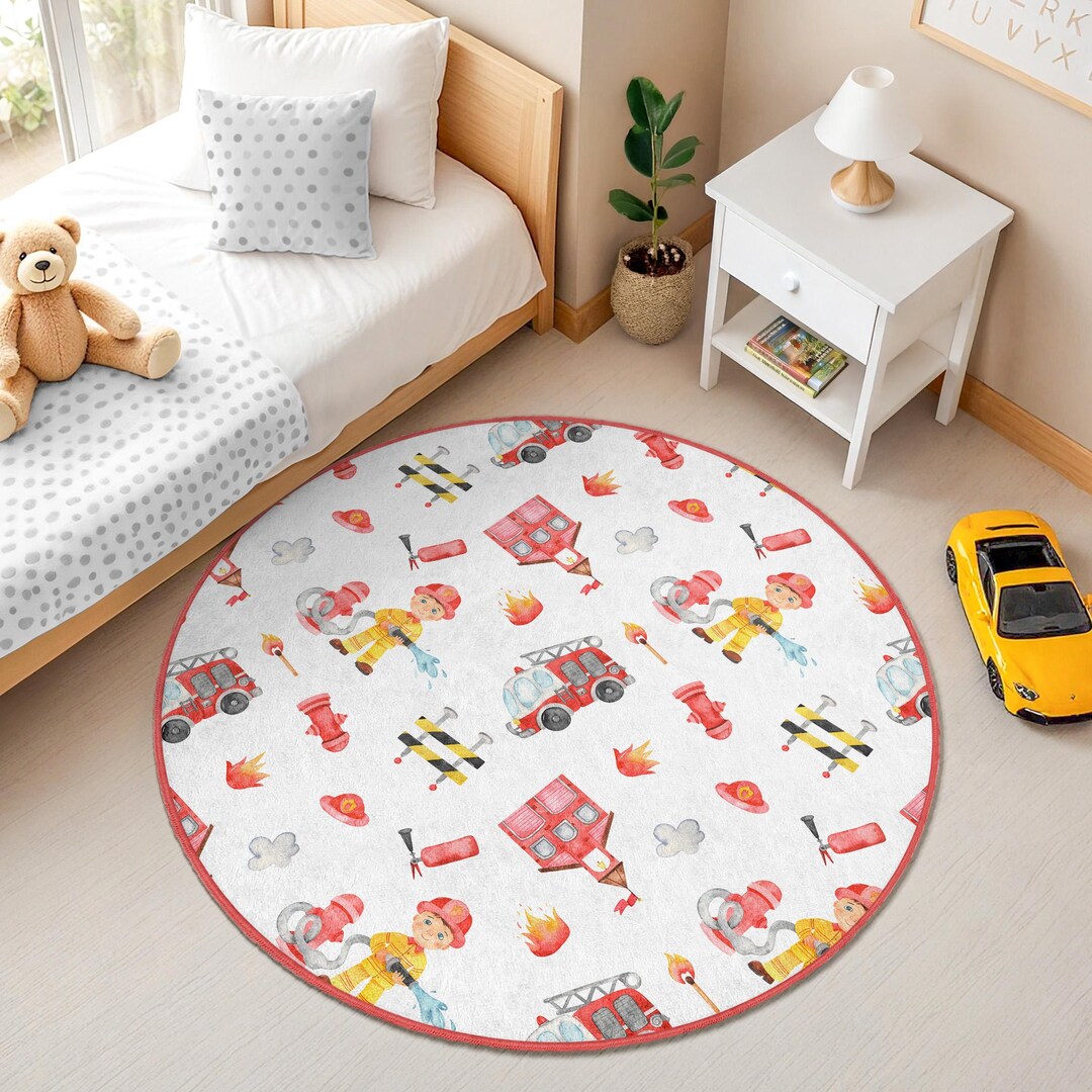Firefighter Theme Kids Round Rug - Fire Truck Playroom Carpet - Nursery ...
