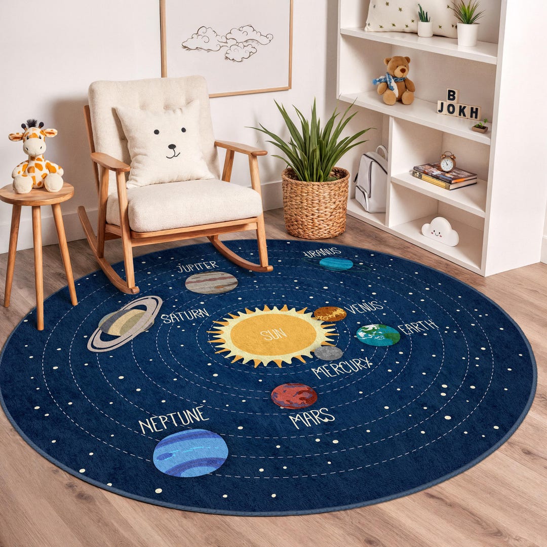 Solar System Kids Rug, Space Themed Round Carpet for Nursery & Playroom ...